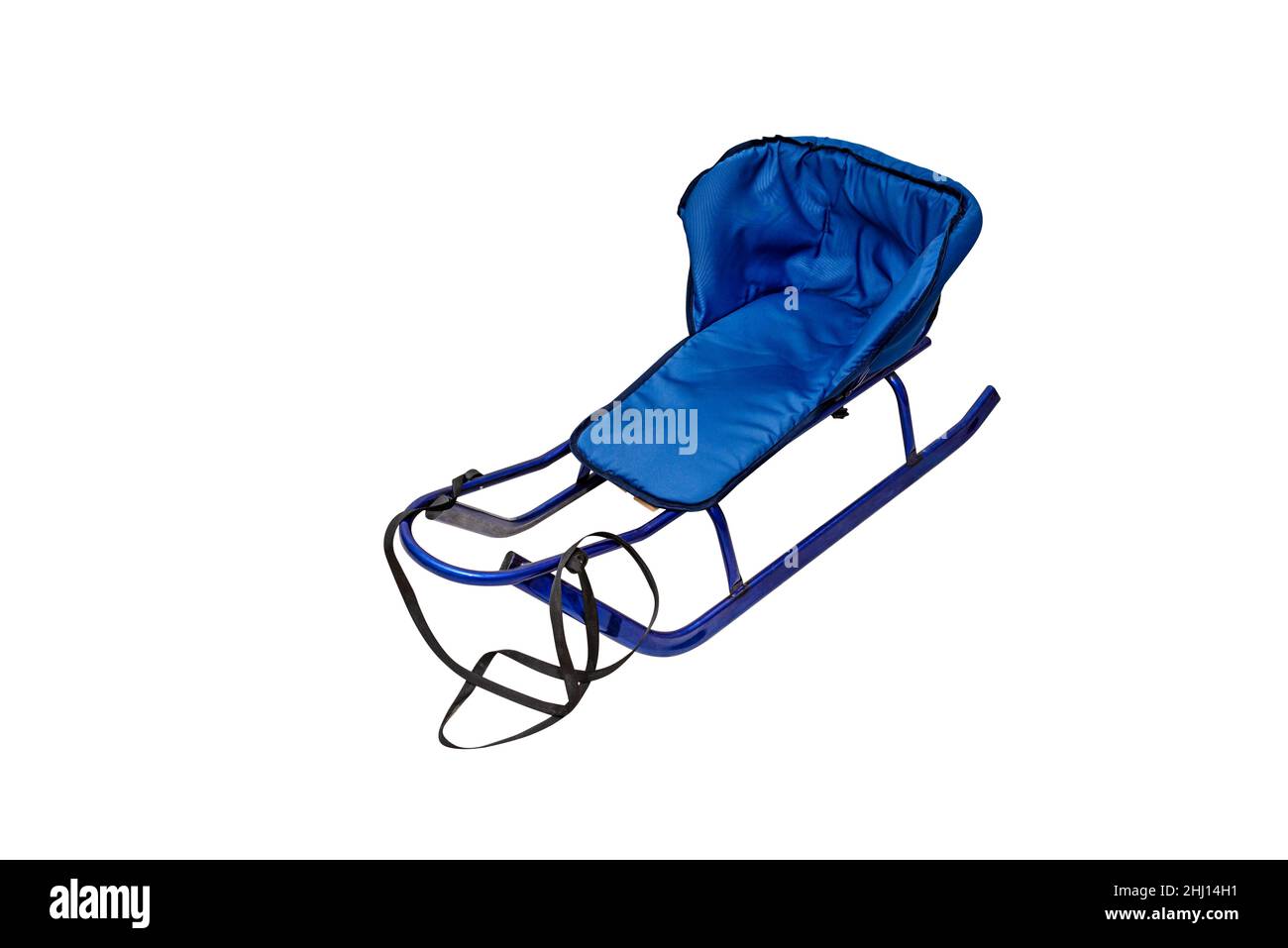 A new blue baby sled with a cover and a black pull cord, isolated on a ...