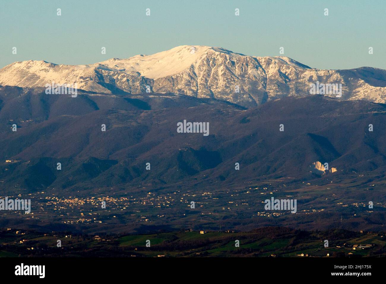Snow-covered Matese Mountains seen from Castel Morrone after the sharp ...