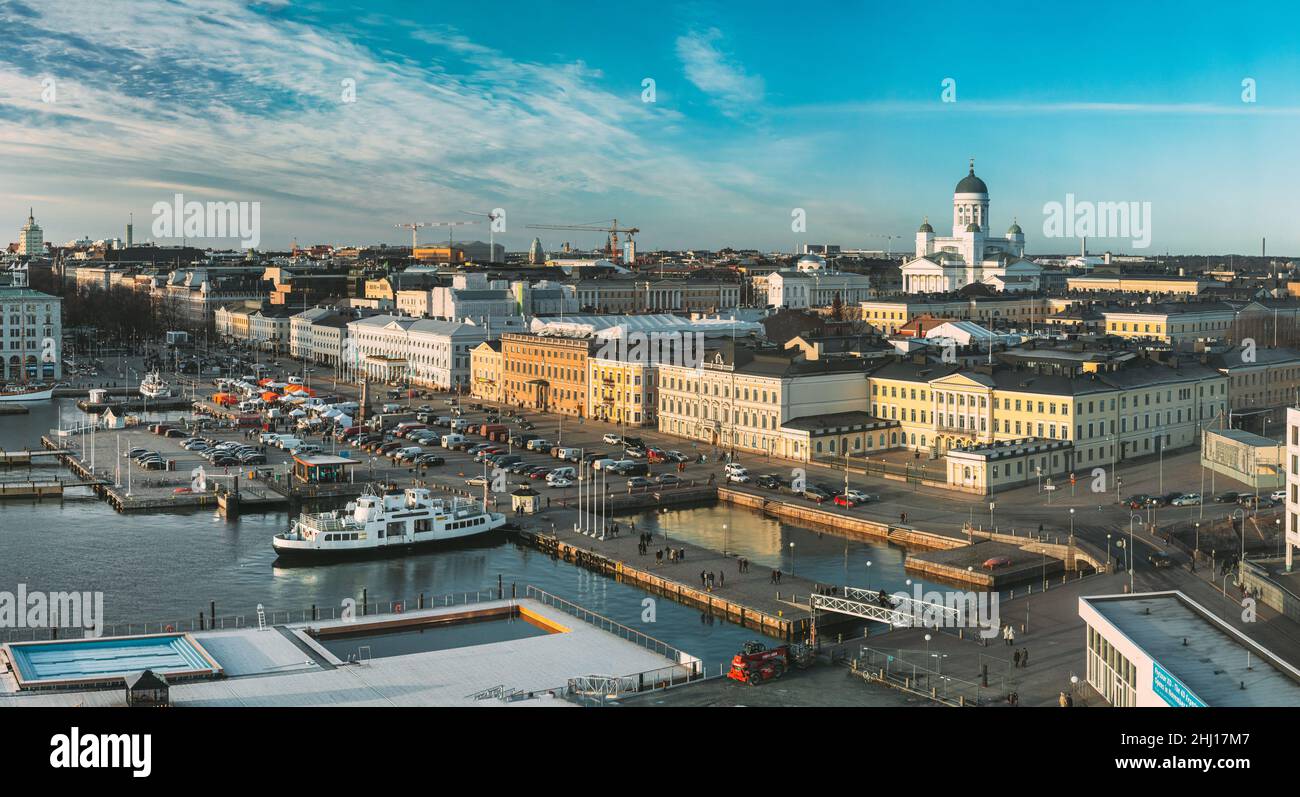 Helsinki, Finland. Panoramic Aerial View Of Market Square, Street With ...