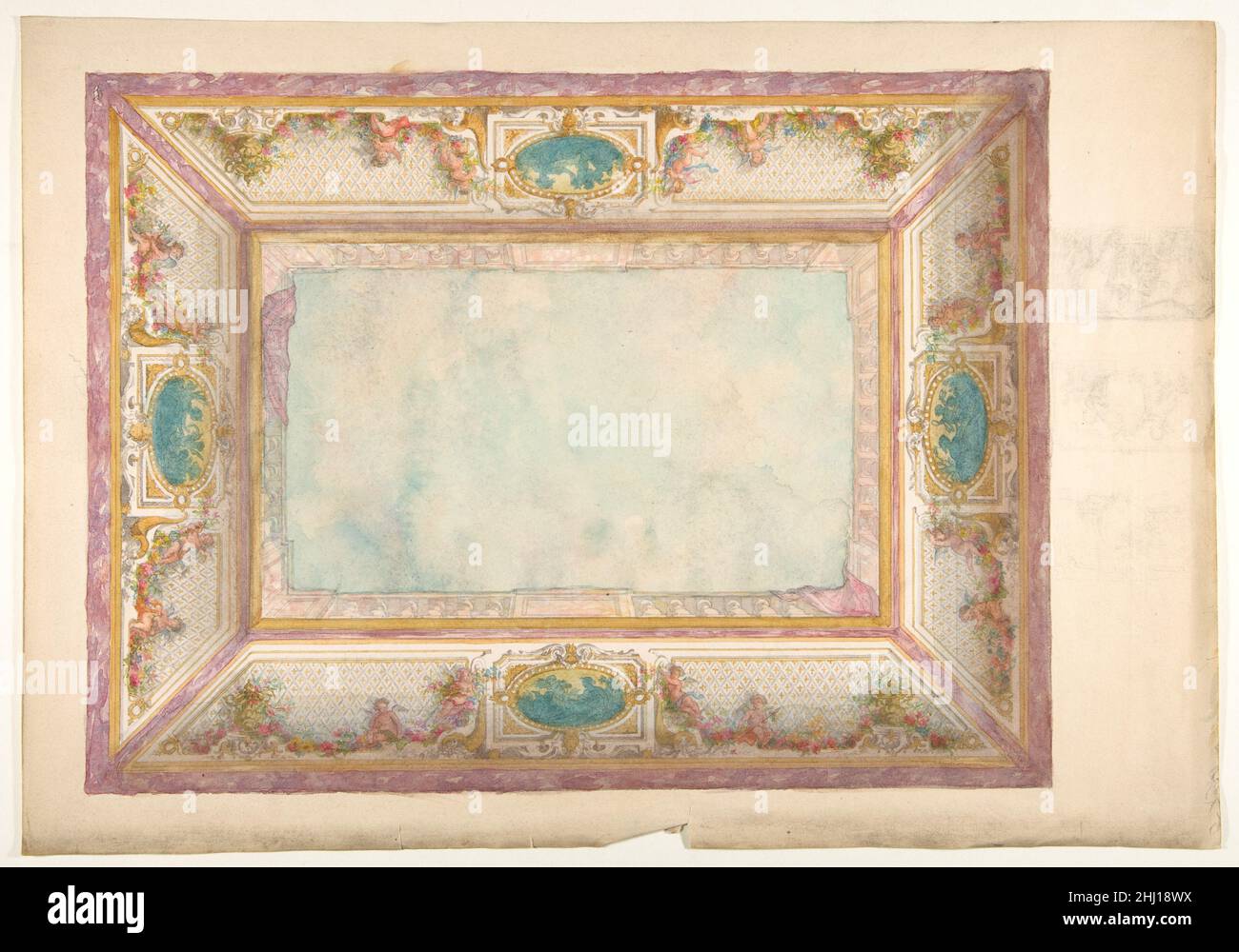 Design for a ceiling with trompe l'oeil balustrade and putti second ...
