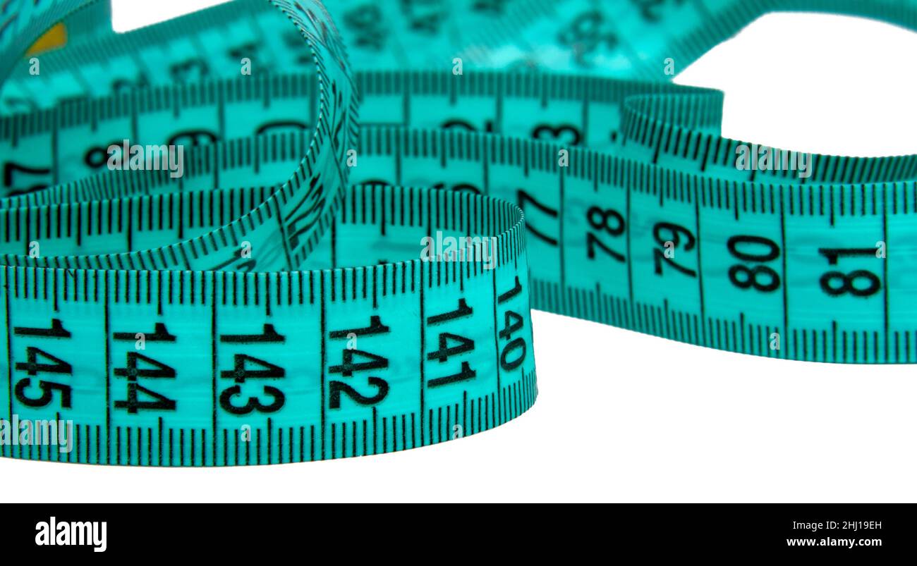 Blue rubber tape measure for sewing cloth or fabric isolated on the ...