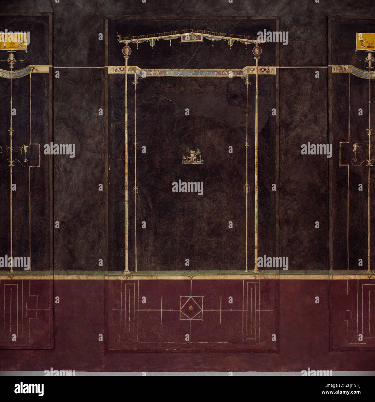 Wall painting on black ground: Aedicula with small landscape, from the ...