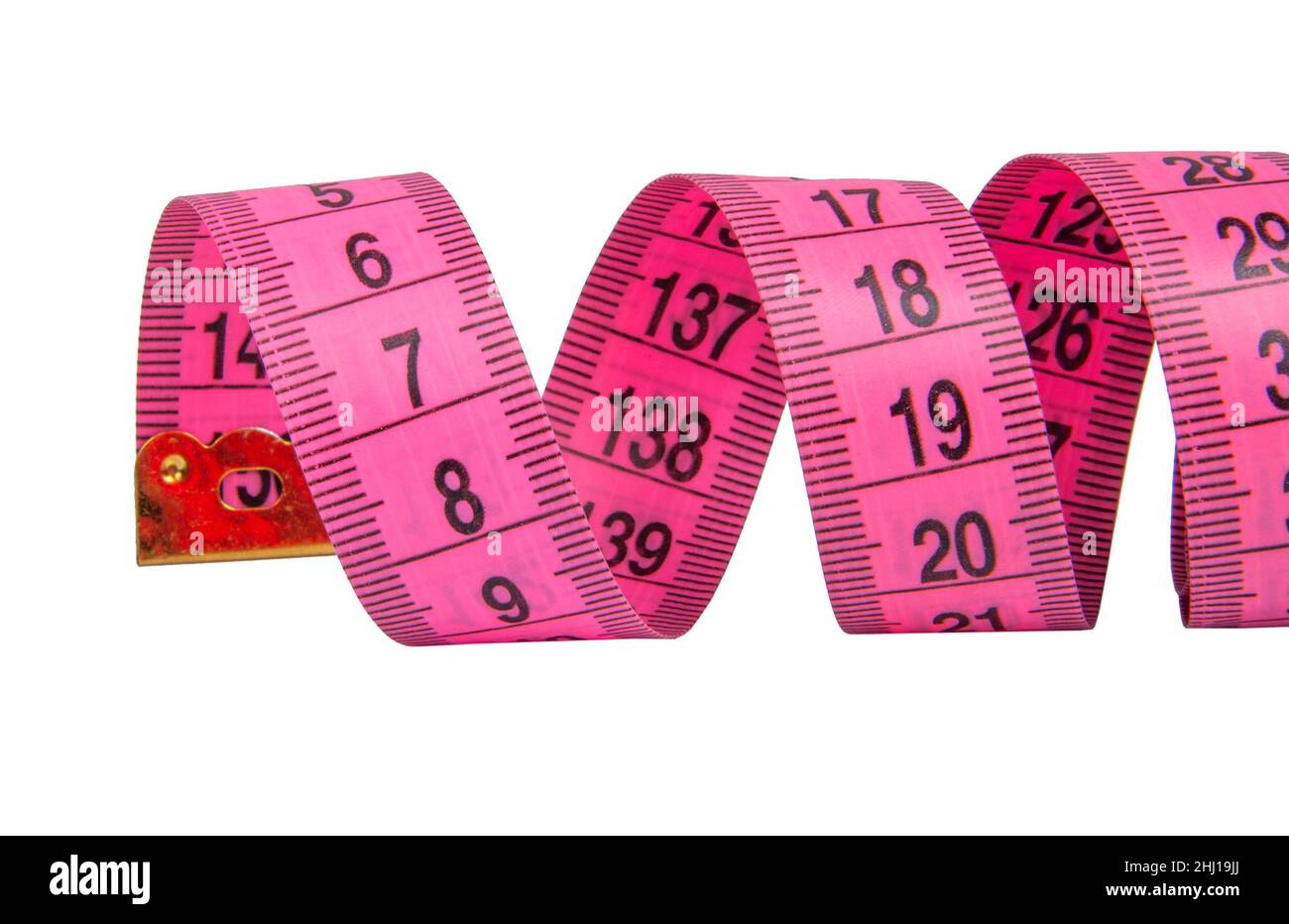 Pink rubber tape measure for sewing cloth or fabric isolated on the ...