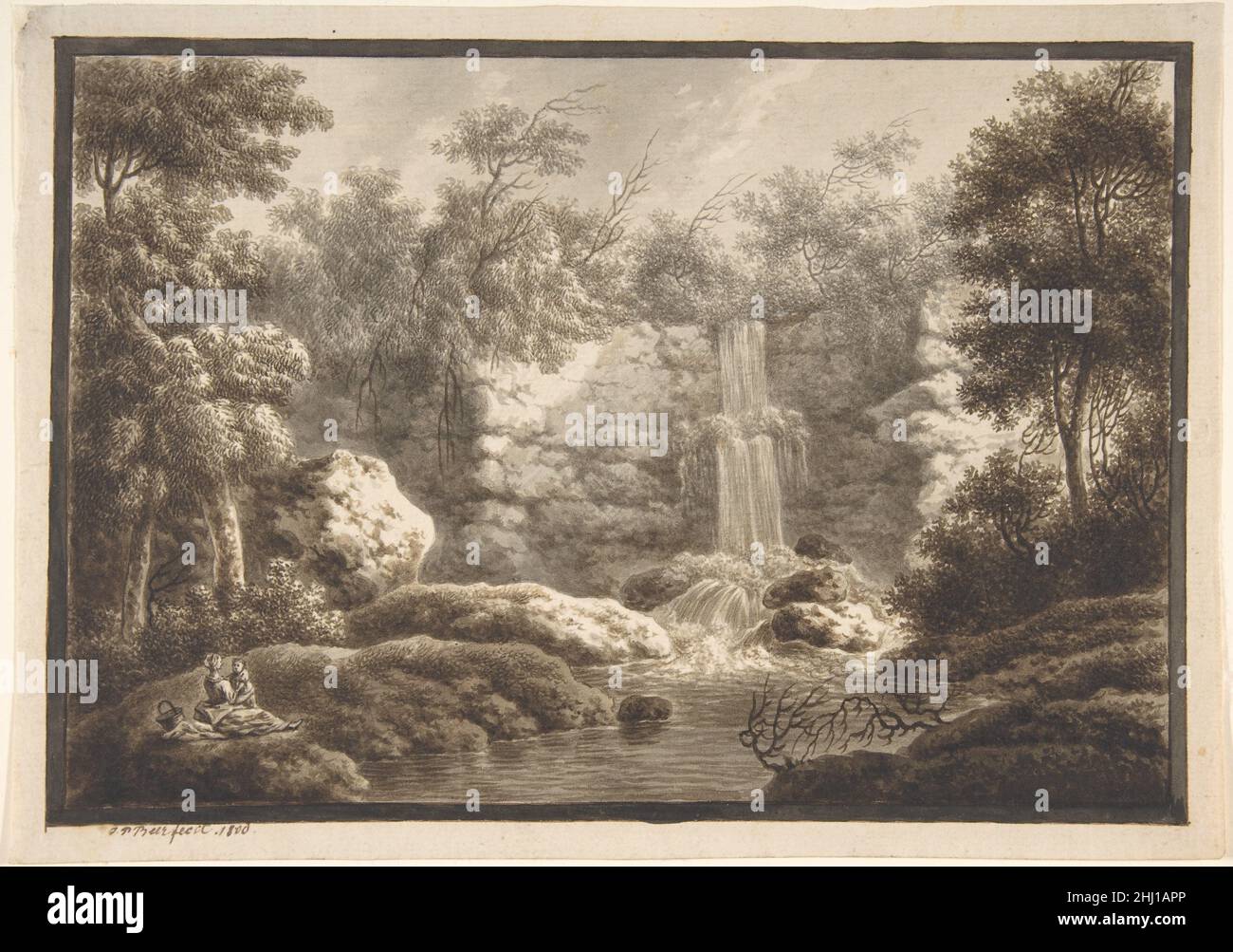 Landscape with Waterfall and a Mother and Child 1800 Johann Peter Beer ...