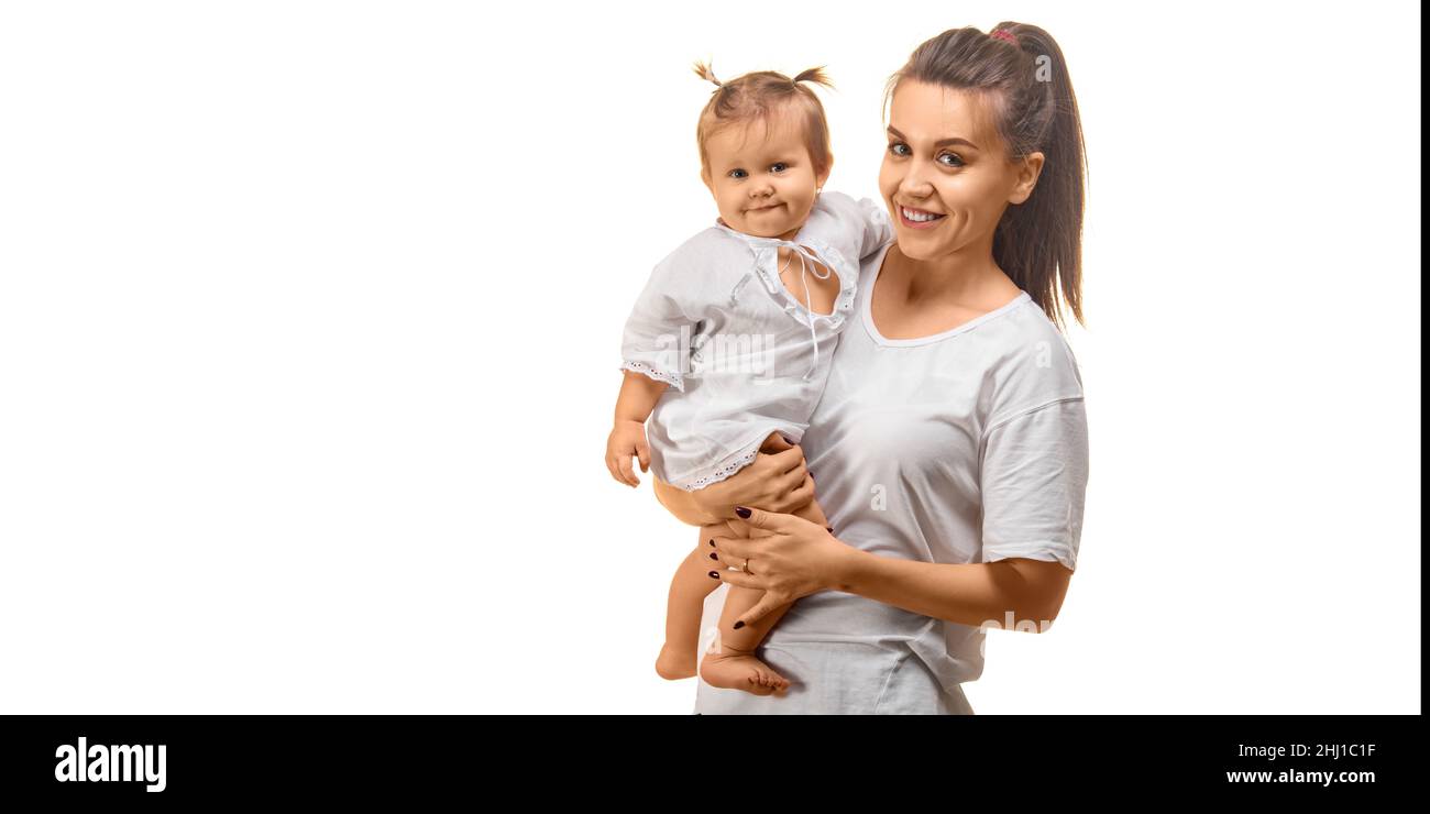Close-up Portrait of a happy mother with a baby over white background ...