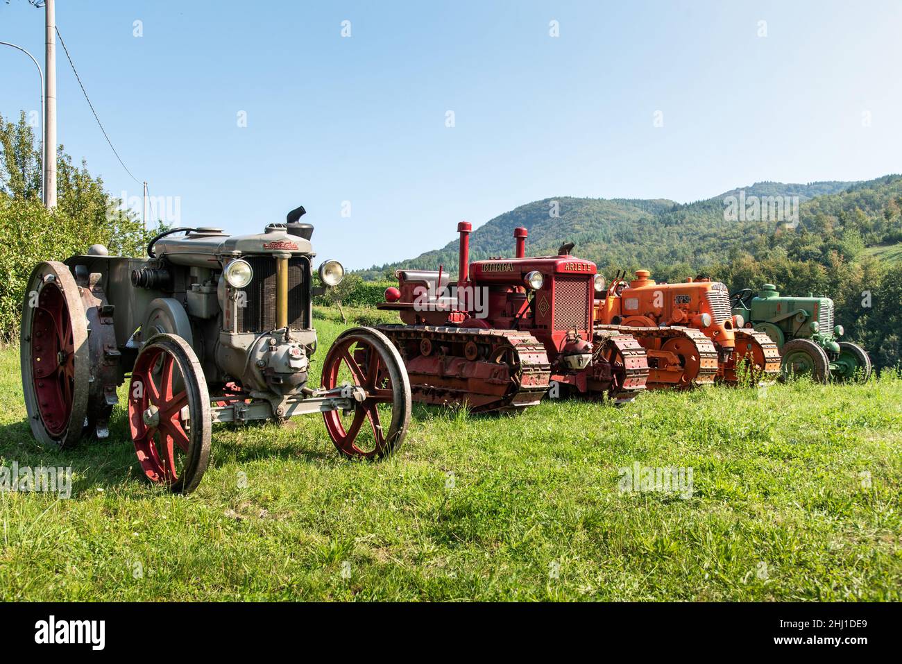September 2020, Calestano, Italy. Four italian antique tractors in the ...