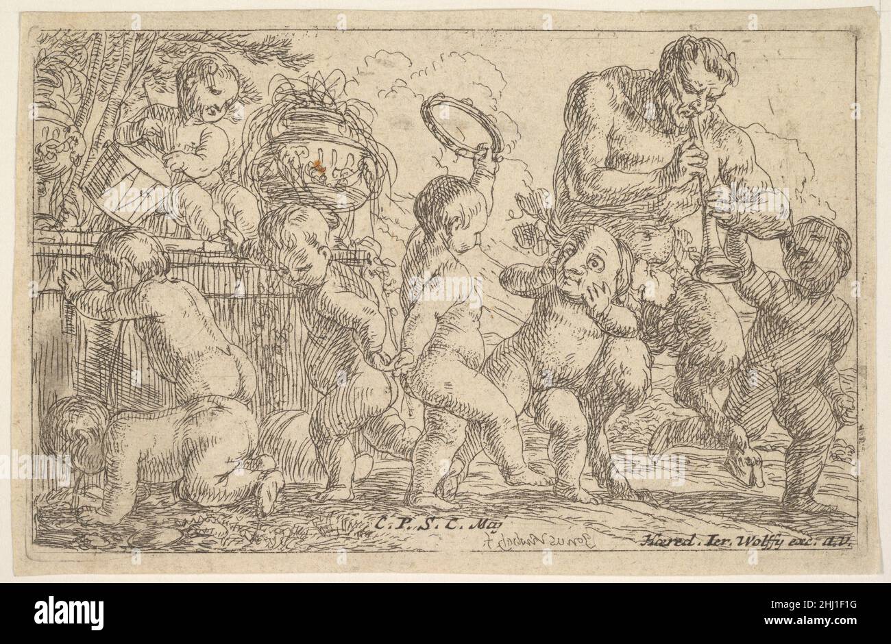 Satyr playing a pipe beside a putti holding a mask, surrounded by putti ...