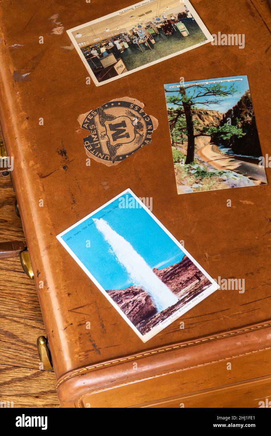 Vintage 1945 Postcards on an Old Suitcase, USA Stock Photo - Alamy
