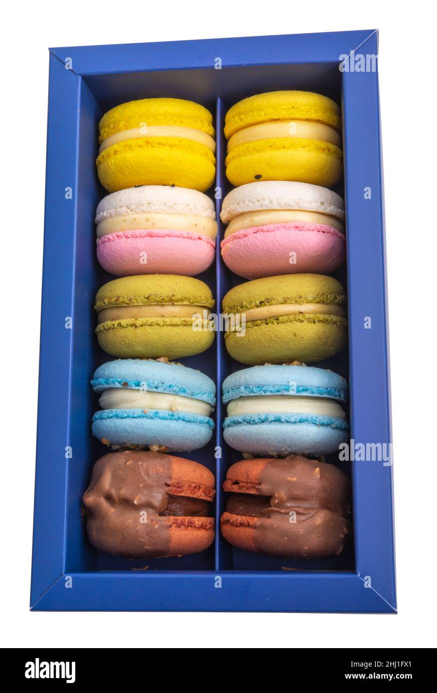 Exclusive macaroons in blue box collection with flavor Stock Photo - Alamy