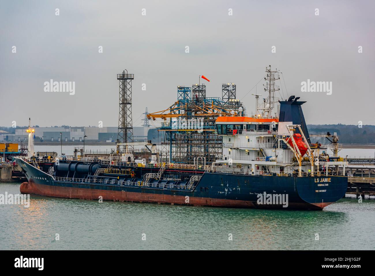 LPG gas carrying tanker alongside at the marine terminal at esso exxon ...