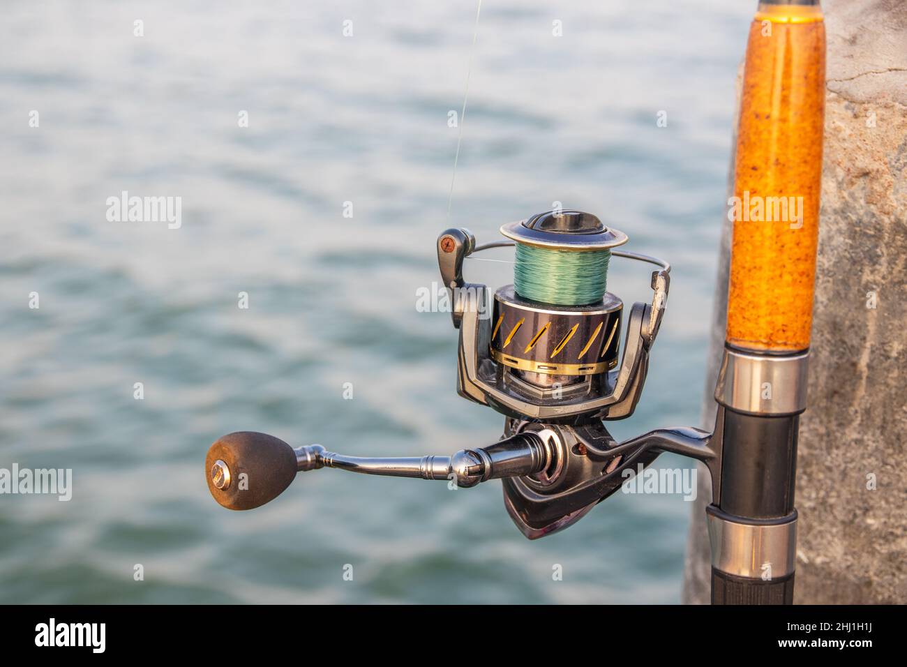 The crank of a fishing rod with reel foot, reel seat, spool, coiled ...