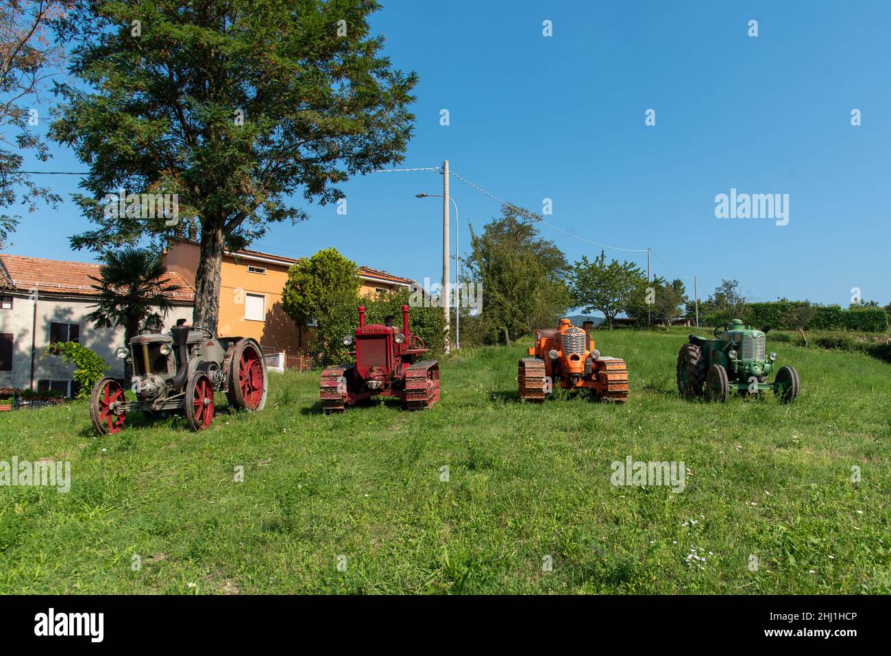 September 2020, Calestano, Italy. Four italian antique tractors in the ...