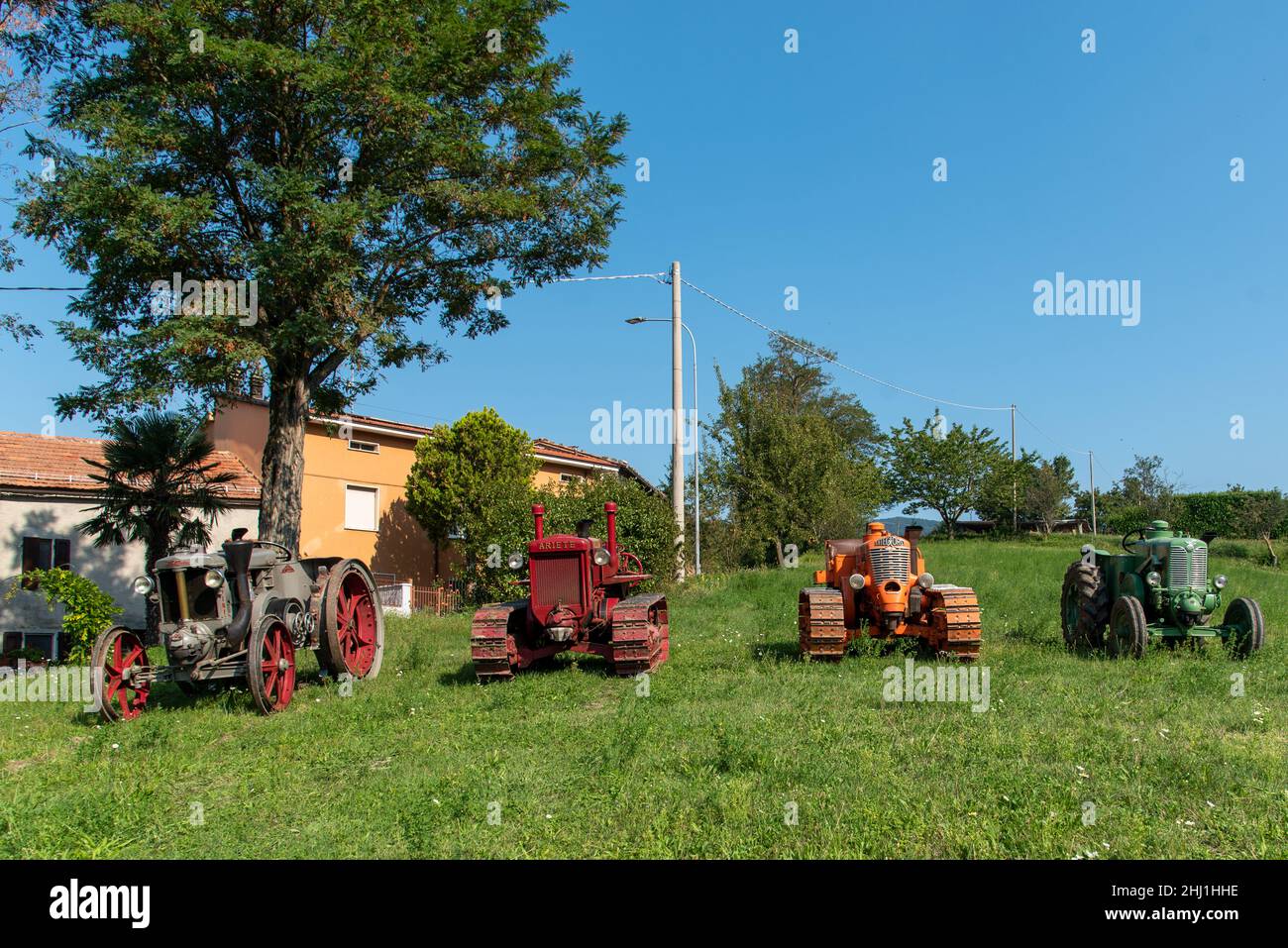September 2020, Calestano, Italy. Four italian antique tractors in the ...