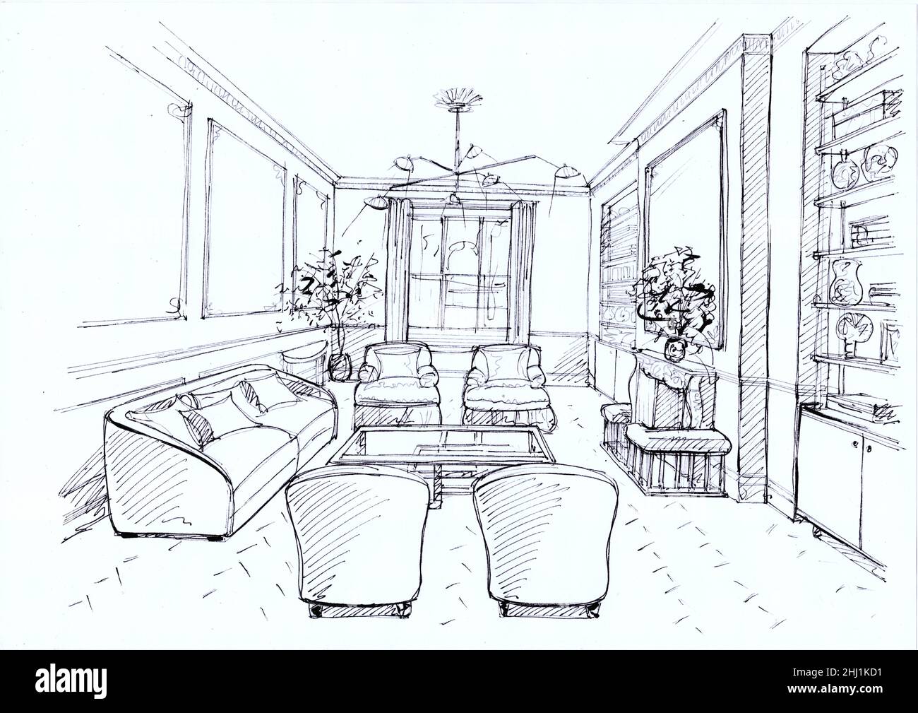 Sketch of a lounge furnished in a contemporary style on a white ...