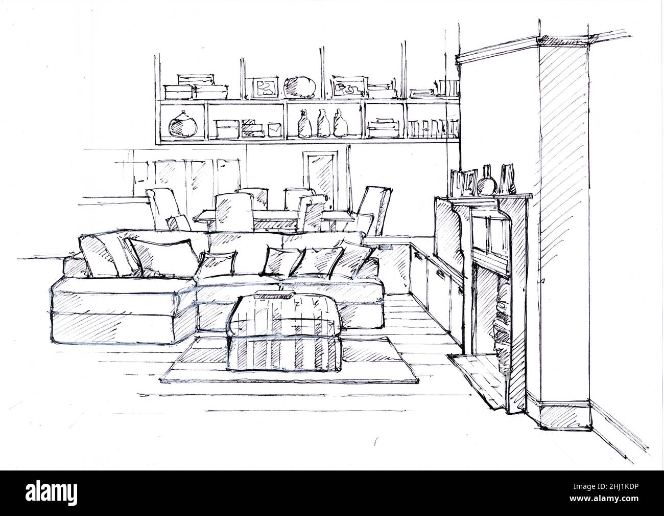 Sketch of a lounge furnished in a contemporary style on a white ...