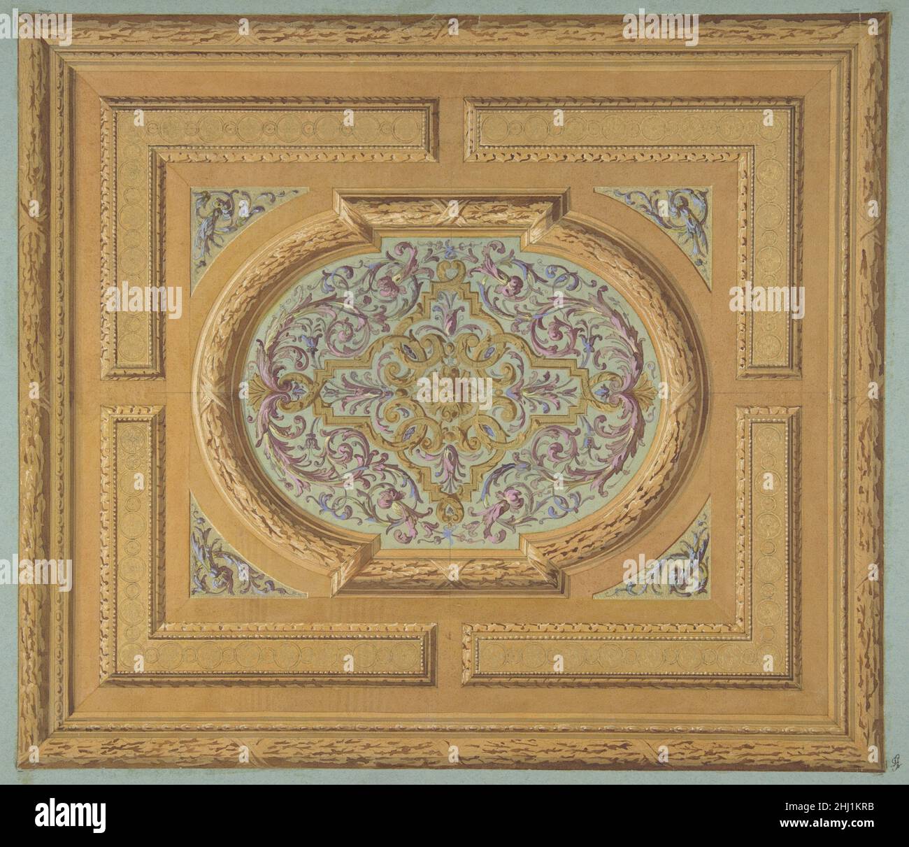 Design for a ceiling decorated with bands of oak leaves and a central ...