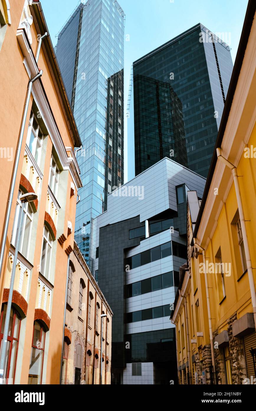 Old historic buildings against the backdrop of modern architecture ...