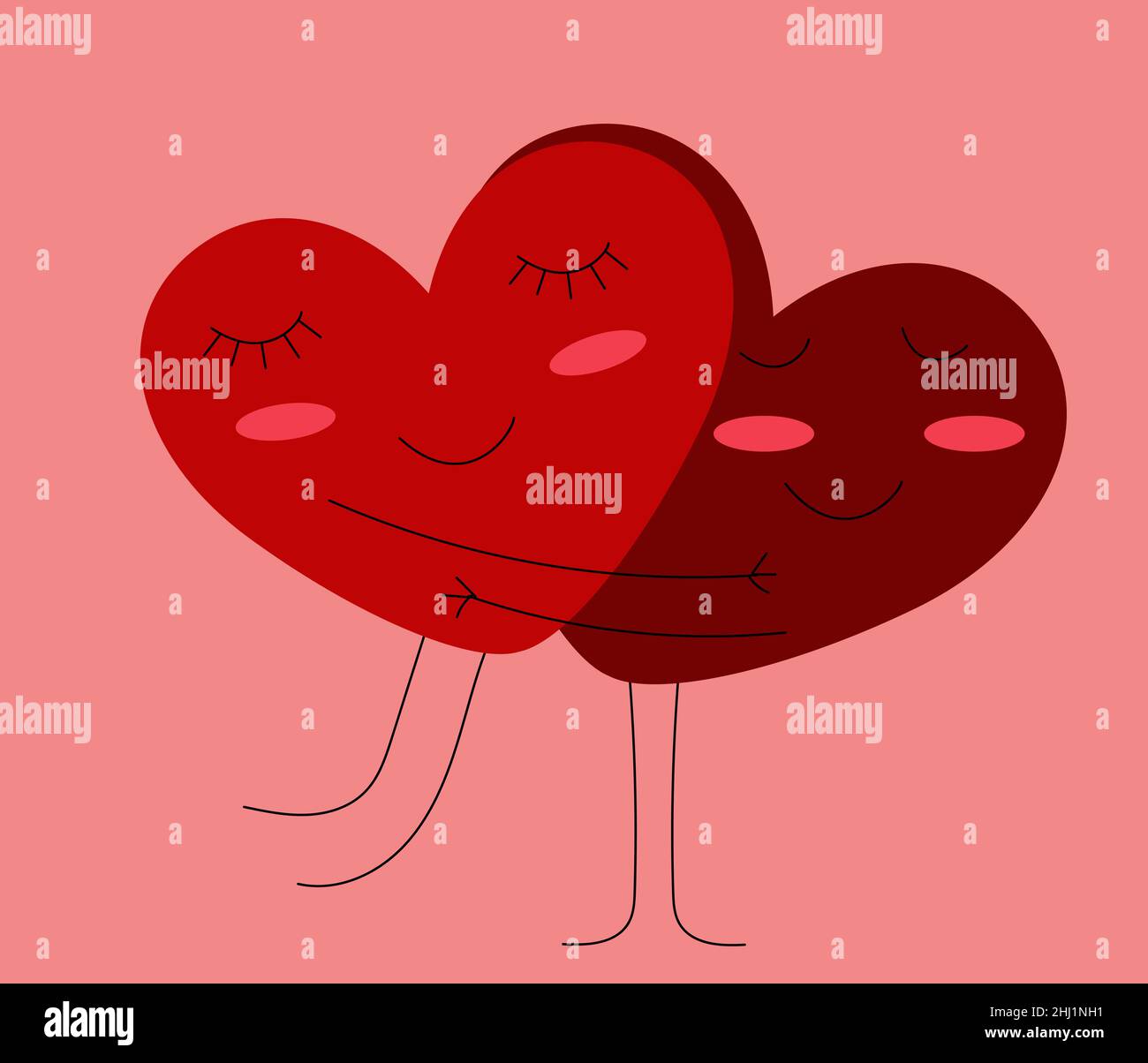 Card Happy Valentines Day. Two hearts with closed eyes and cheeks are ...