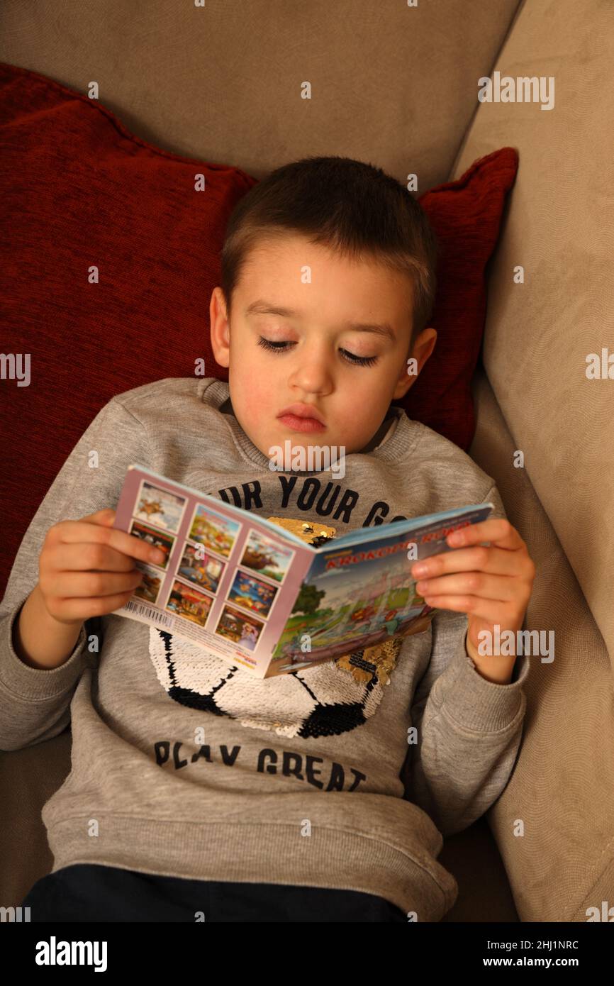 One little kid boy reading at home on the couch Stock Photo - Alamy