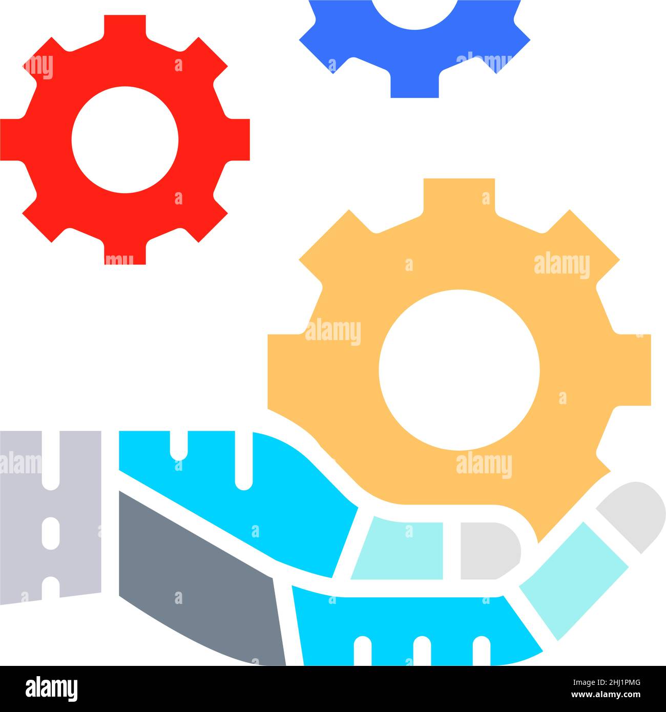 Hand holds a gears, tech development, engineering white line icon Stock ...