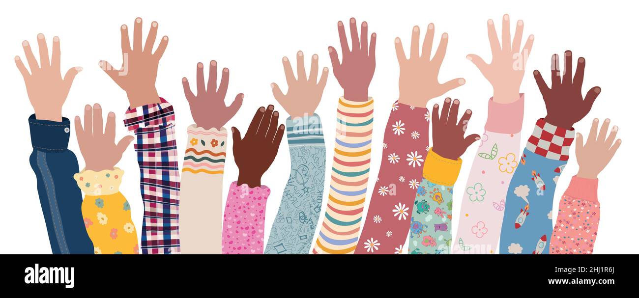 Group of arms and raised hands of multiethnic joyful children. Teamwork ...