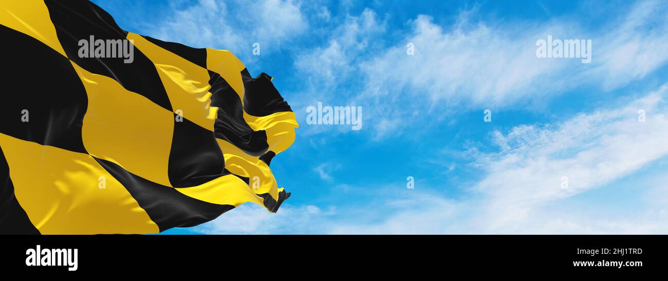 flag of Munich striped at cloudy sky background on sunset, panoramic ...