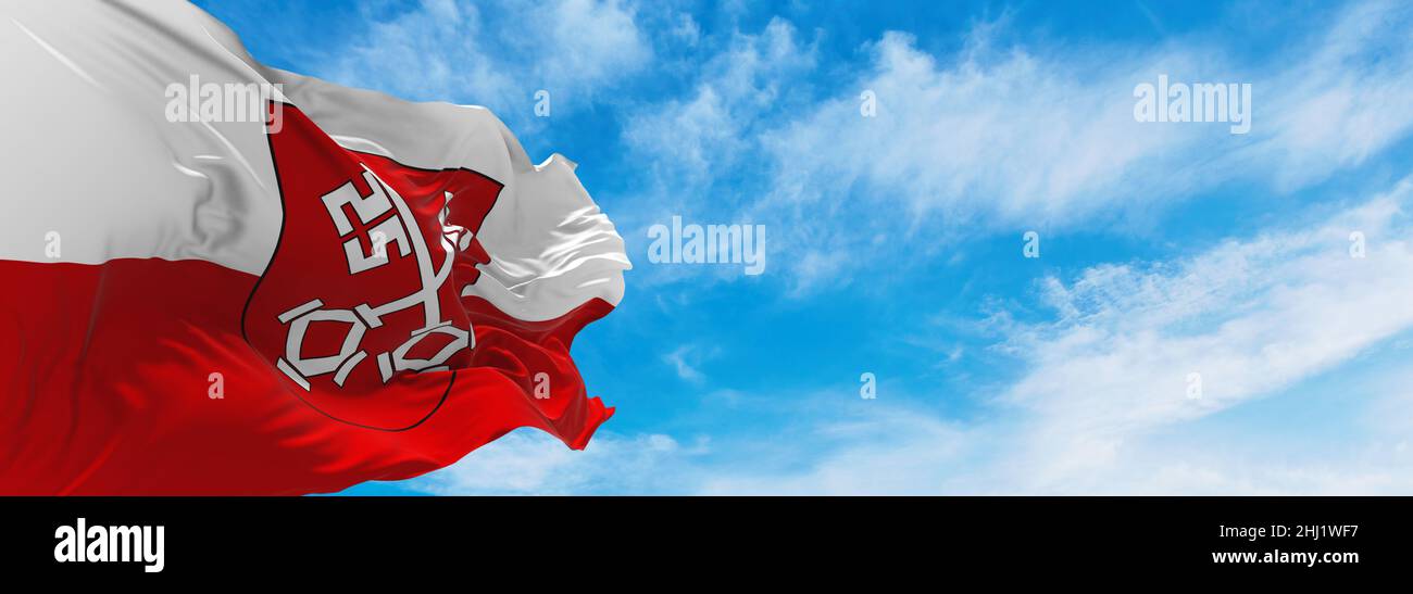flag of Regensburg at cloudy sky background on sunset, panoramic view ...