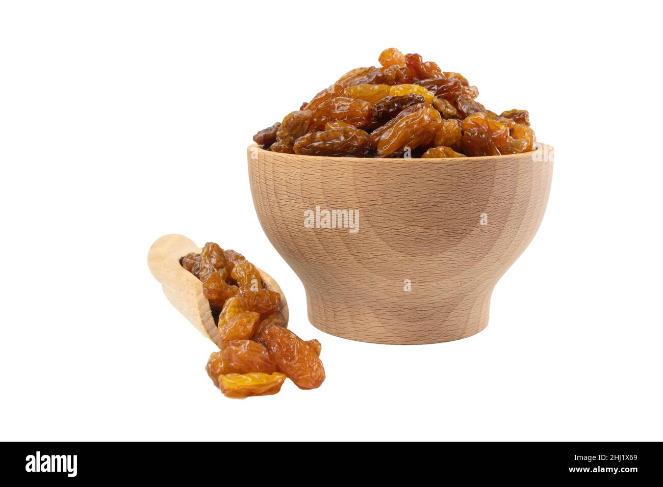 royal raisins in wooden bowl and scoop isolated on white background ...