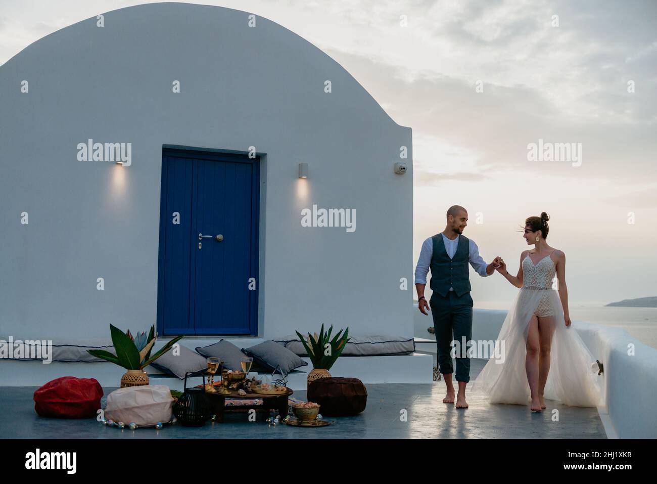 Close Up Beautiful Bride and Groom in their Summer Wedding Dy on Greek ...