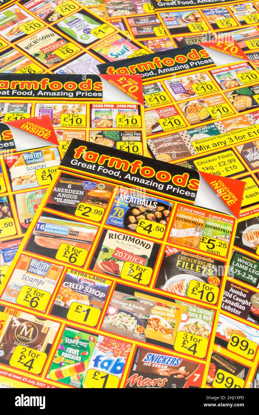 Farmfoods logo on copies of their letterbox direct marketing flyers ...