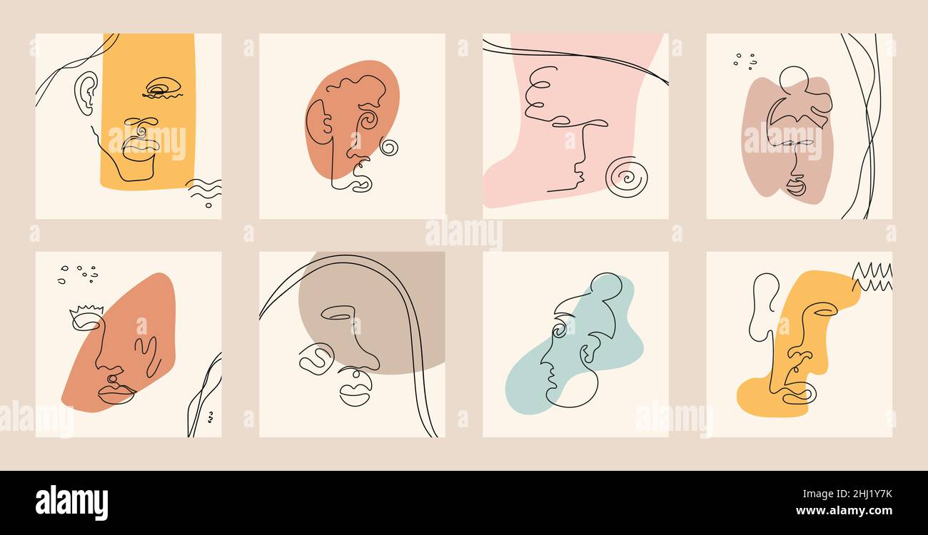 Set of modern portraits on the background of abstract shapes in line ...
