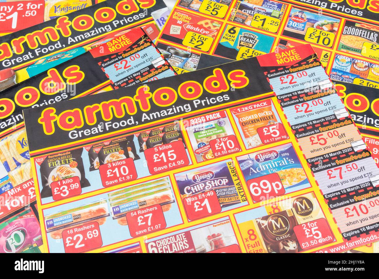 Farmfoods logo on copies of their letterbox direct marketing flyers ...