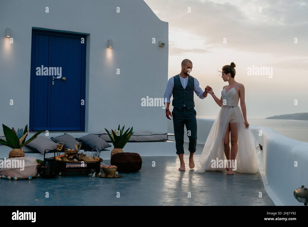 Close Up Beautiful Bride and Groom in their Summer Wedding Dy on Greek ...