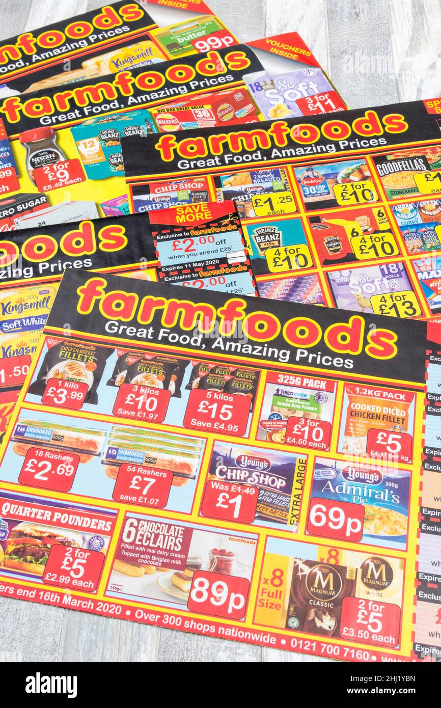 Farmfoods logo on copies of their letterbox direct marketing flyers ...