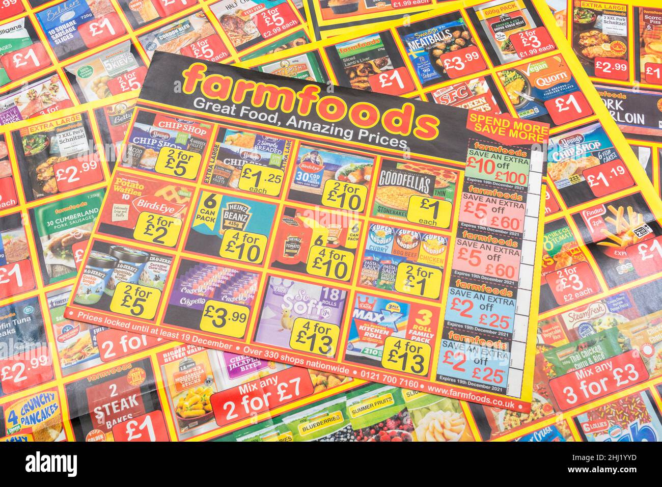 Farmfoods logo on copies of their letterbox direct marketing flyers ...