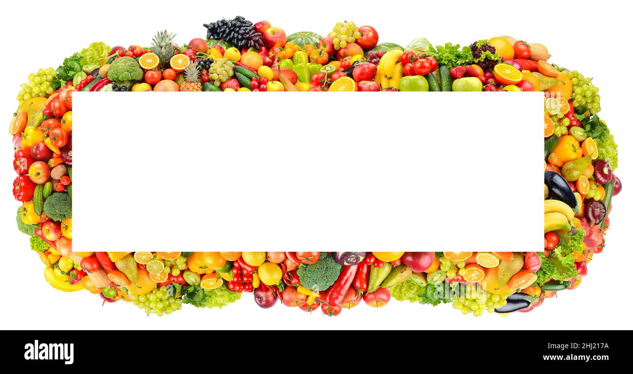 Rectangular wide frame colorful fruits, vegetables and berries isolated ...