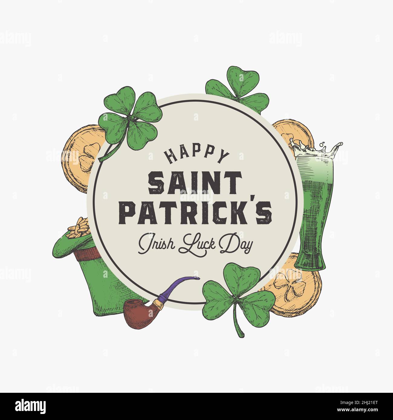 Saint Patricks Day Circle Frame Label Template. Hand Drawn Leprechauns ...
