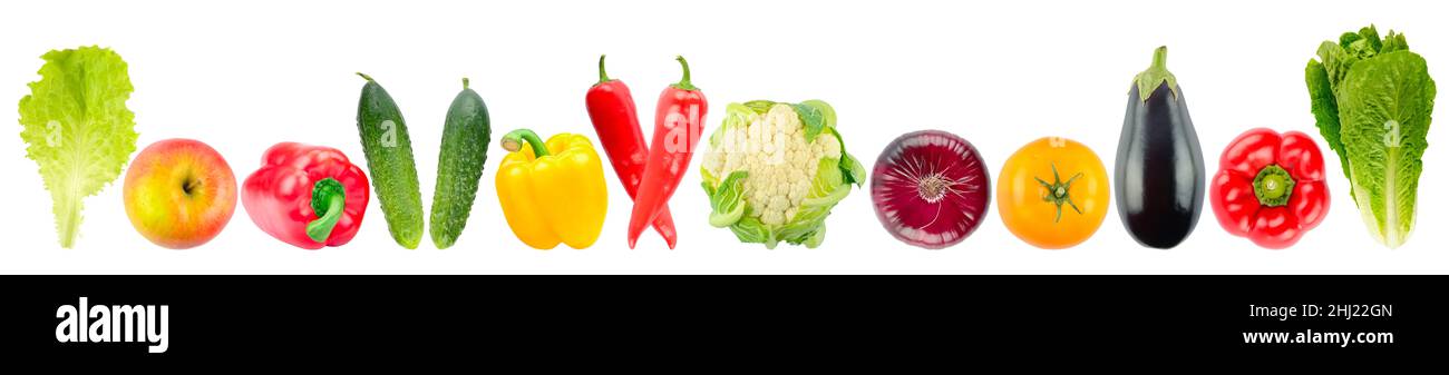 Panoramic skinali of fruits and vegetables in row Isolated on white ...