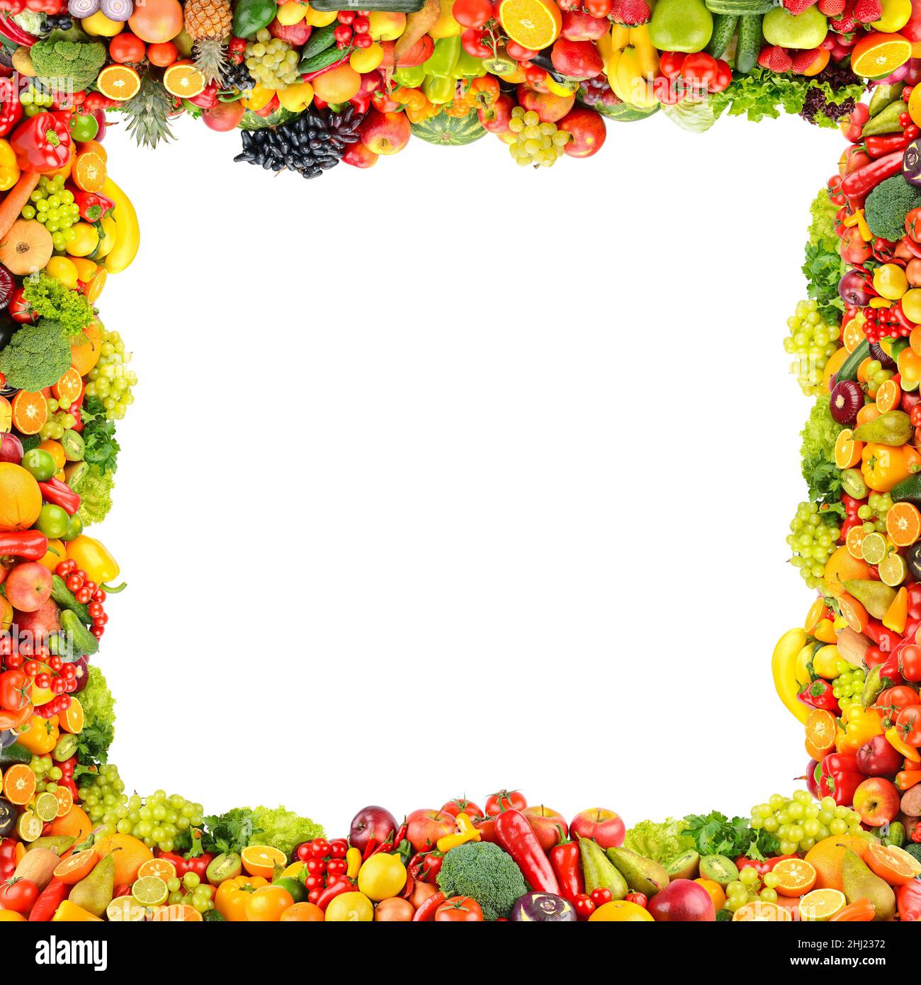 Square composition useful vegetables and fruits isolated on white ...