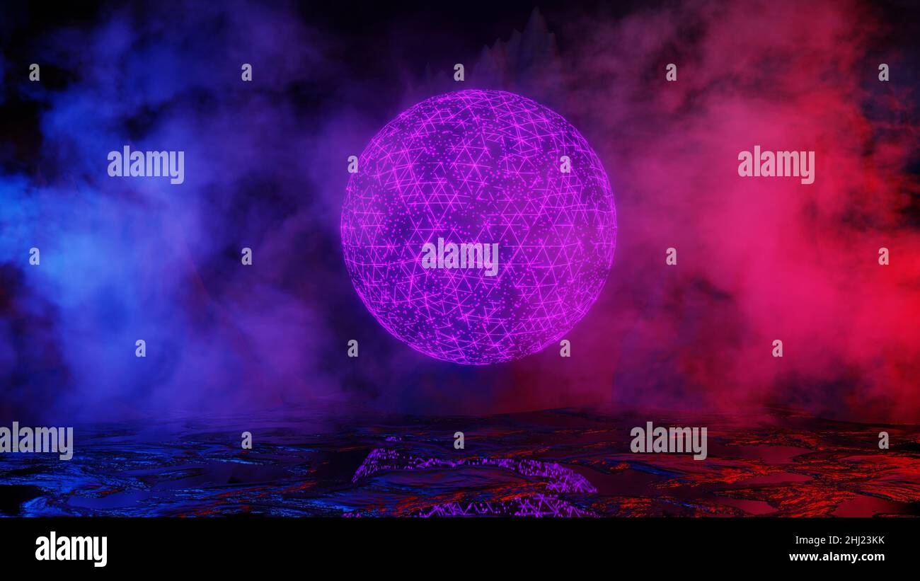 3D rendering. Sci Fi modern futuristic bright hologram space planet ...