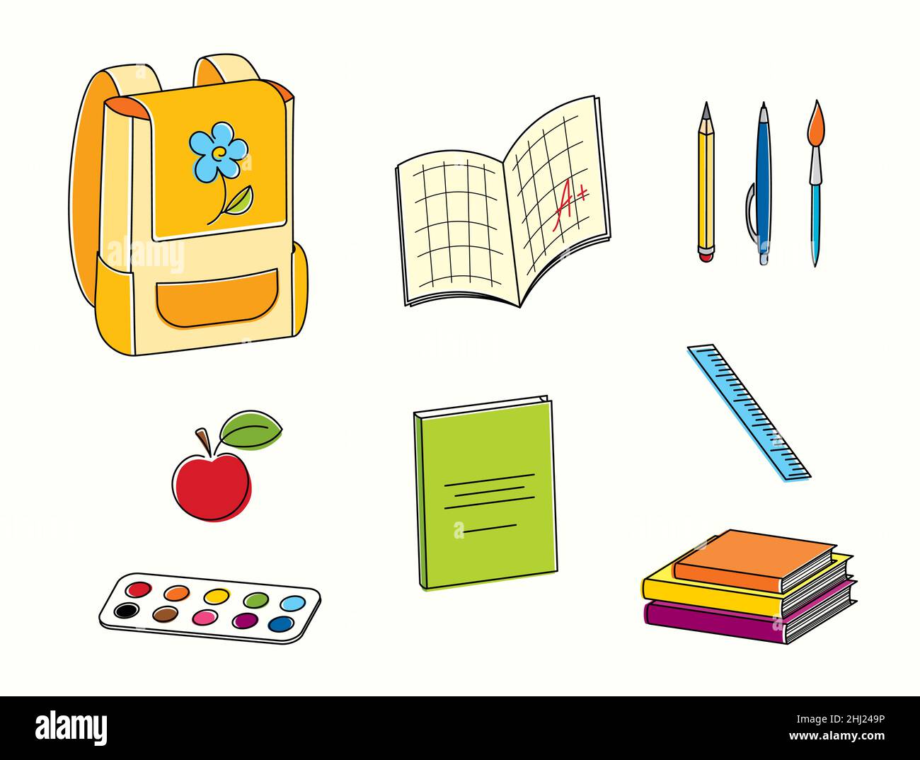 Bright vector line art set of school supplies for school children ...