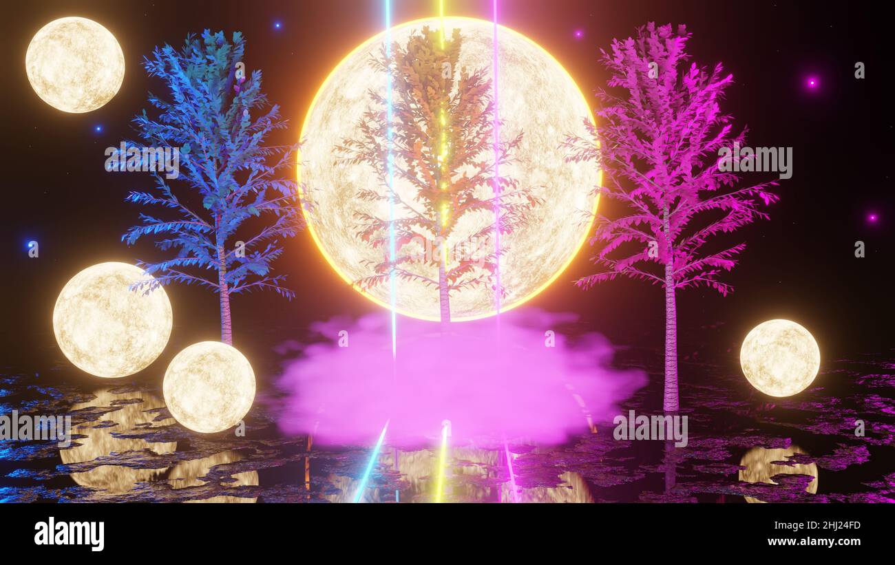 Night futuristic landscape. Full golden moon in the night starry sky ...