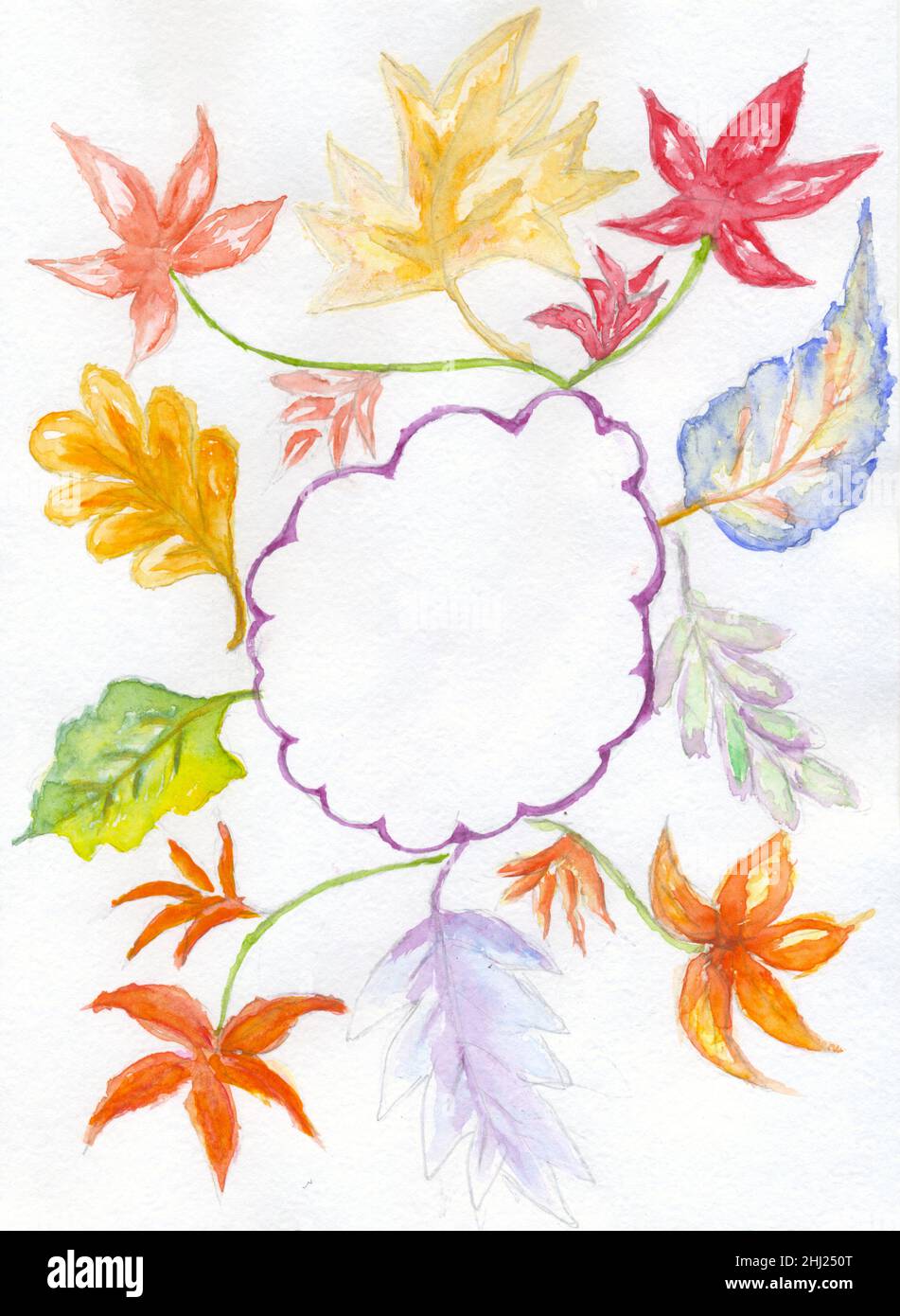 Colorful decorative frame with autumn leaves, hand drawn illustration ...