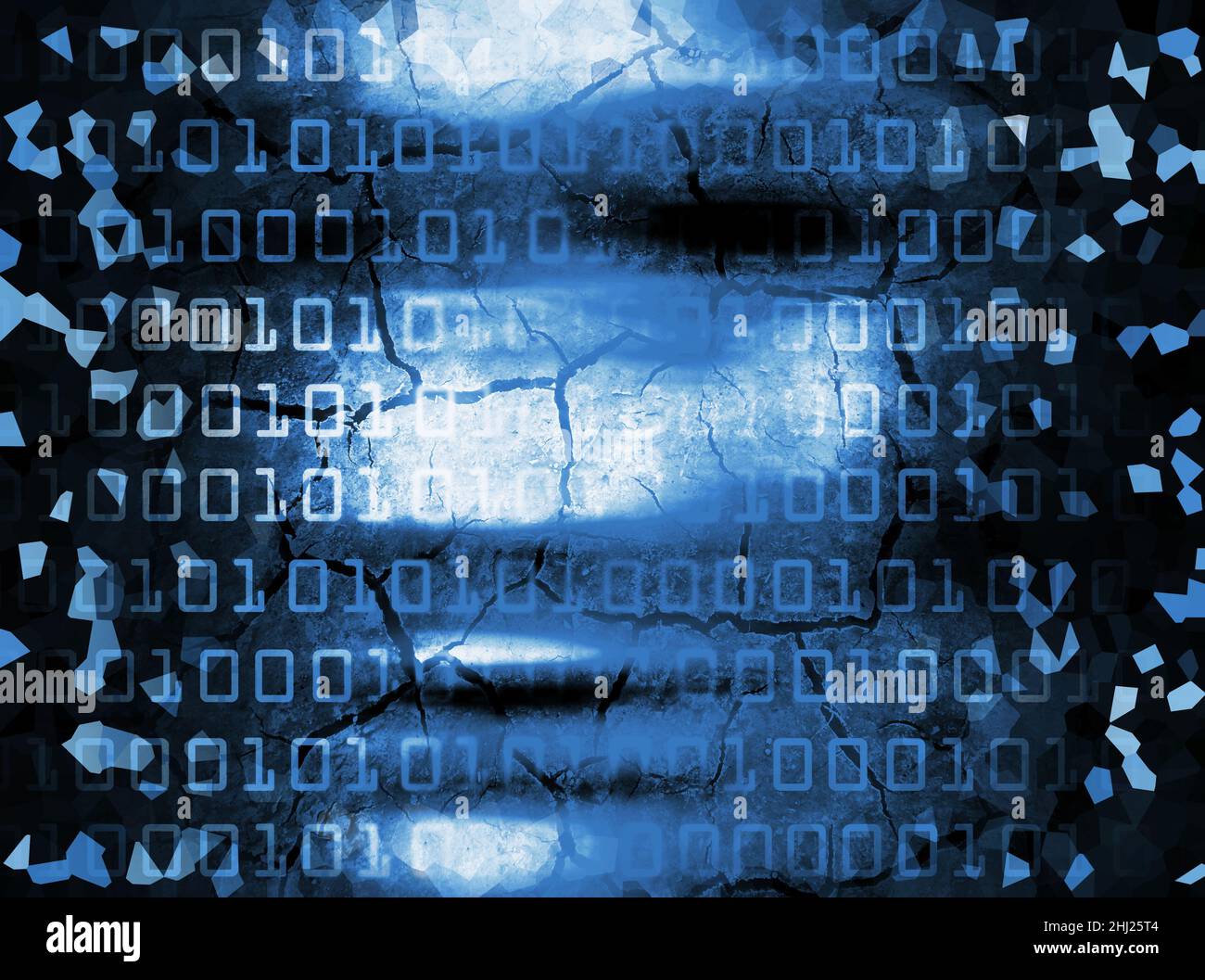 Hacker blurred face. Human ruined face with cracks, smeared with binary ...