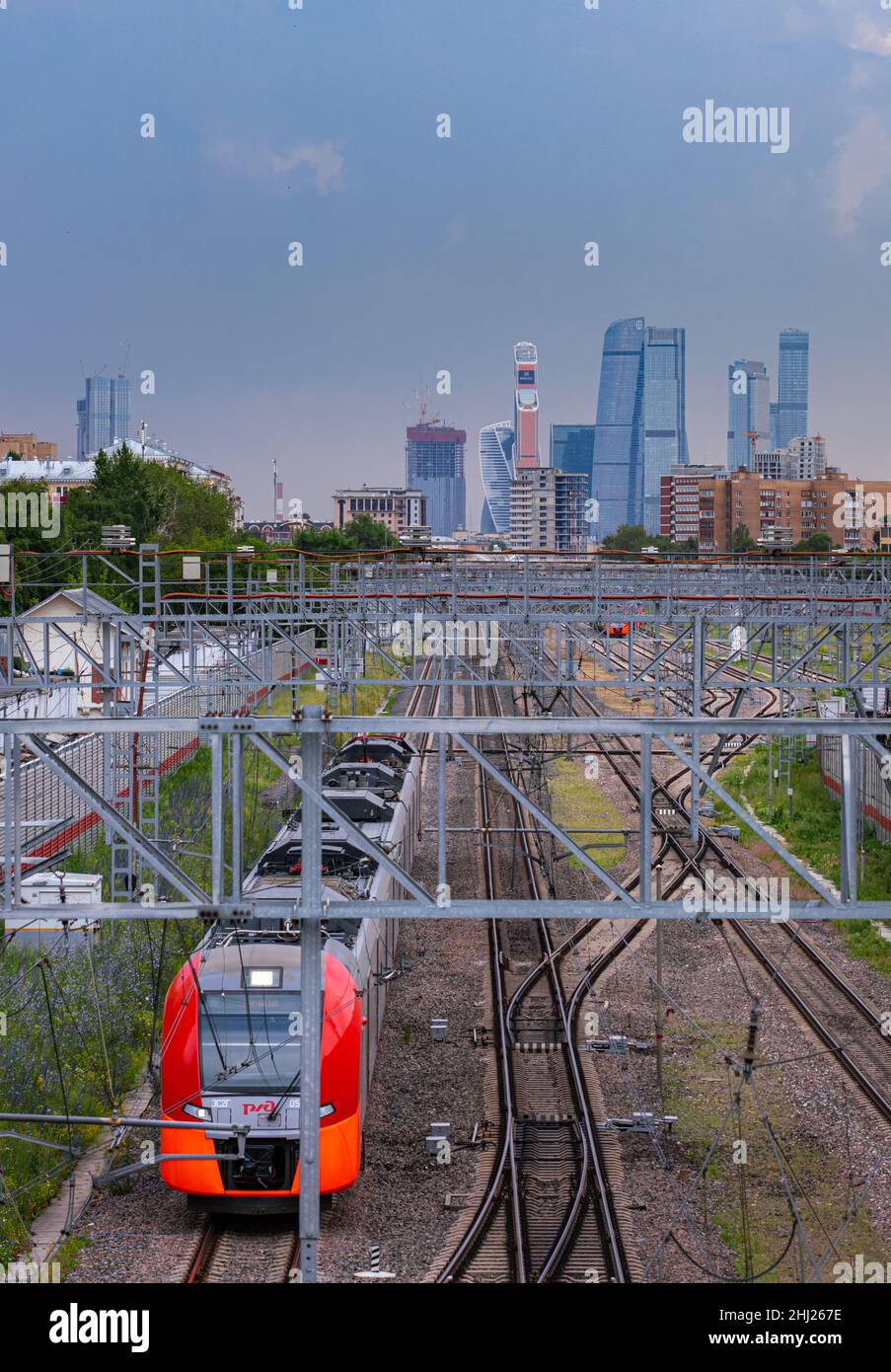Russia. Moscow. Electric train "Lastochka" on the stretch between the ...