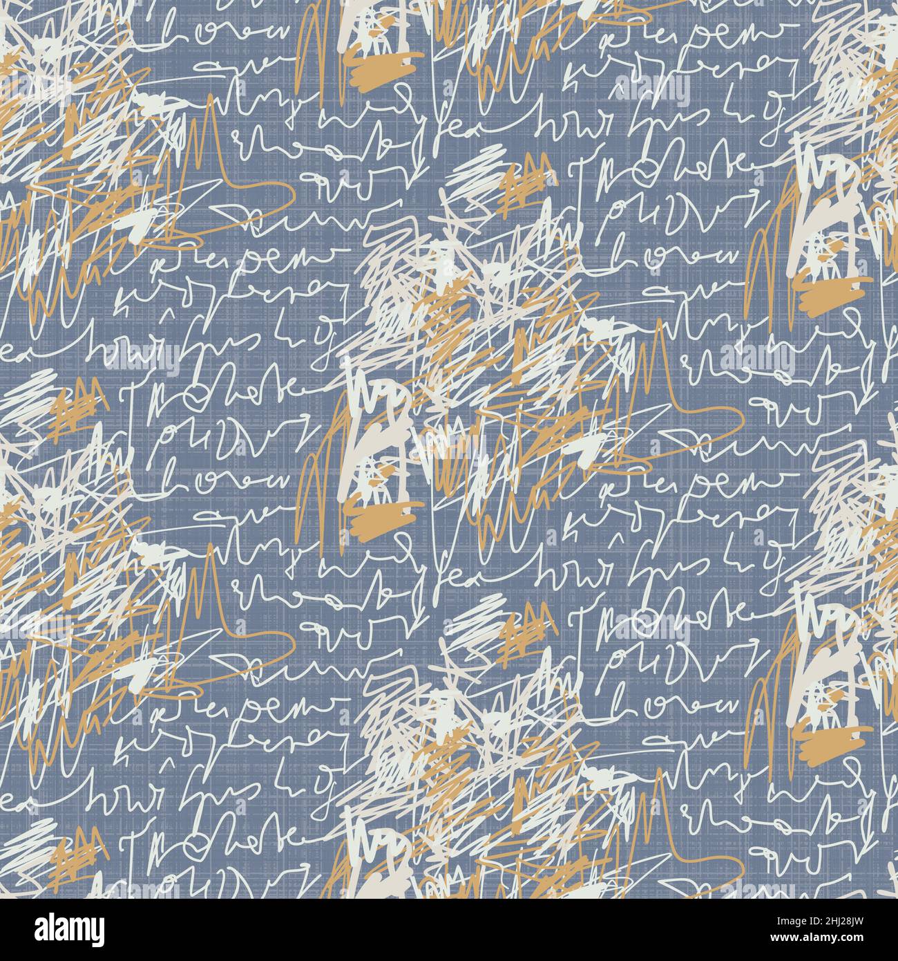 French blue doodle motif linen seamless pattern. Tonal country cottage ...
