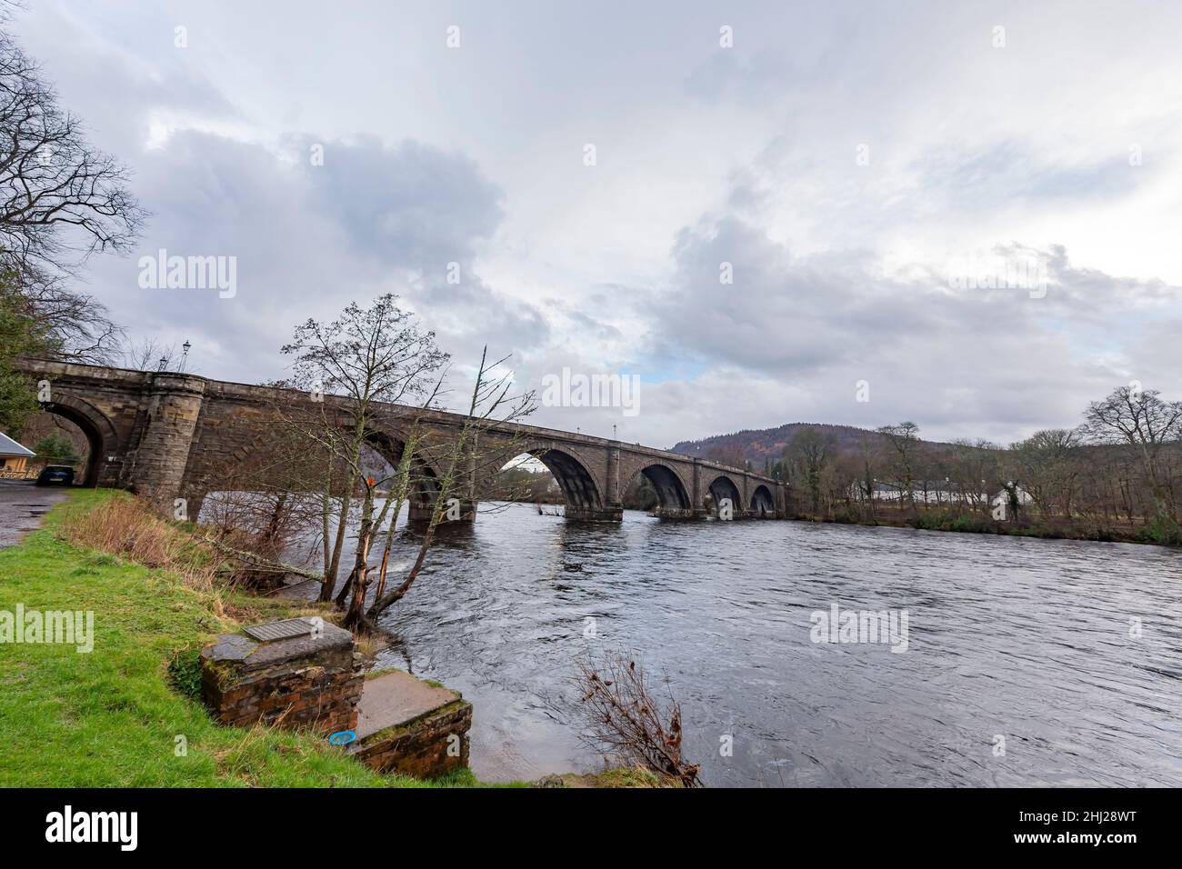 Overcast view of the old Dunkeld Bridge in Dunkeld old town at United ...