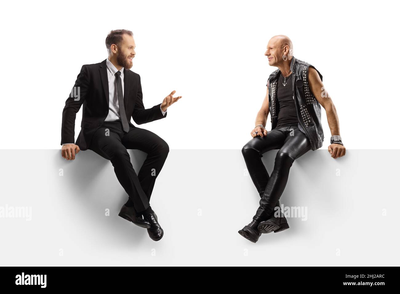 Punk sitting on a panel and listening to a businessman talking isolated ...