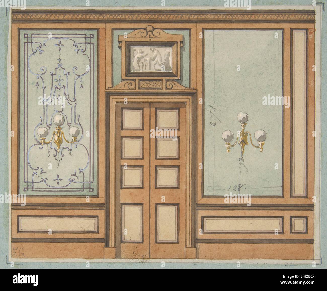 Elevation of a paneled interior with double doors and gaslight sconces ...