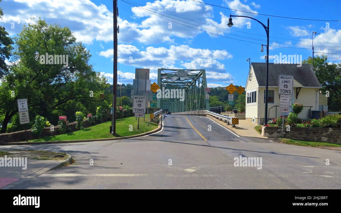 Entrance to Uhlerstown/Frenchtown Bridge,Metal,with many traffic signs ...